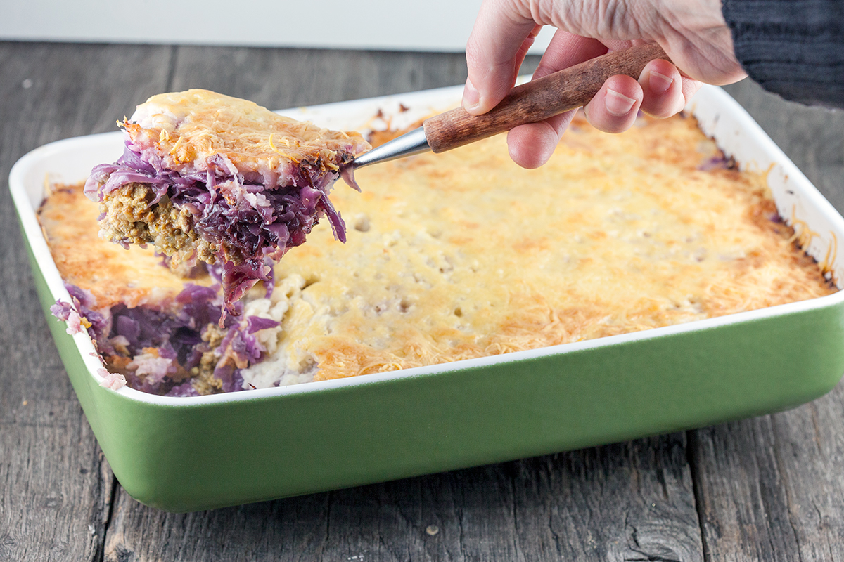 Oxheart cabbage, ground beef and celery root casserole